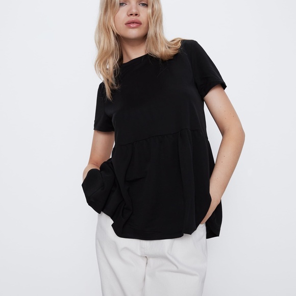 Zara | Tops | Zara Ruffle Tshirt In Black | Poshmark